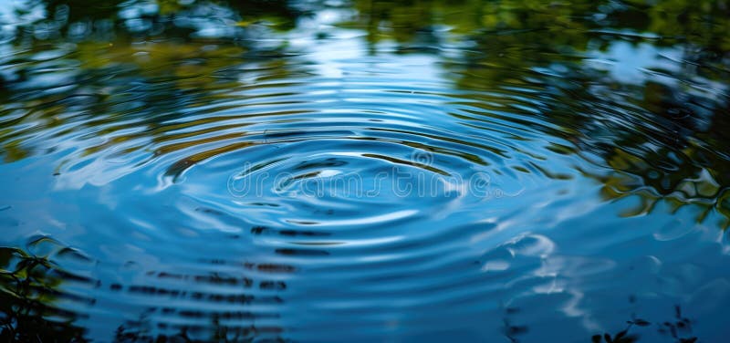 Circular Ripples on Calm Water Surface Reflecting Green Foliage. Stock ...