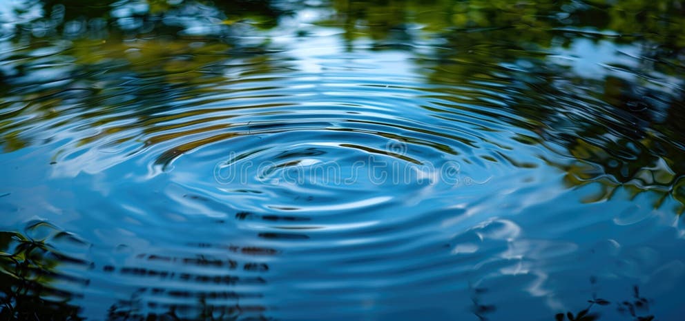 Circular Ripples on Calm Water Surface Reflecting Green Foliage. Stock ...