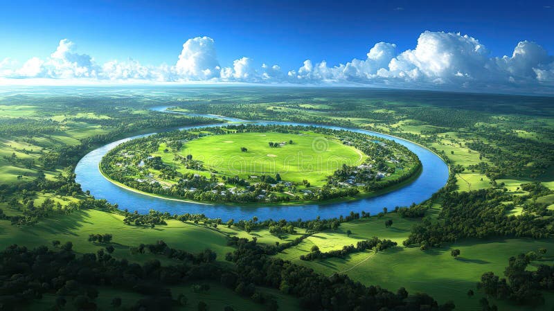 Circular River Town, Idyllic Aerial View Stock Illustration ...