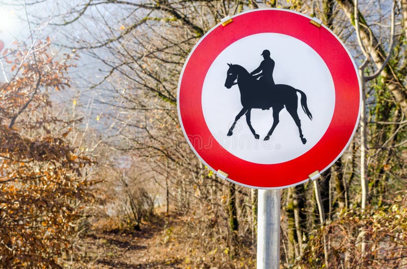 Circular Road Sign Saying that Horseback Riding is Prohibited Stock ...