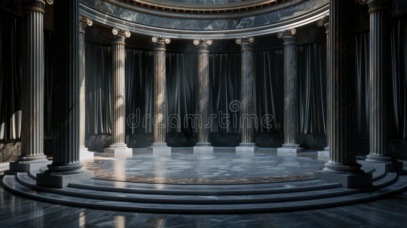 A Circular Room with Marble Columns and a Raised Platform Bathed in ...
