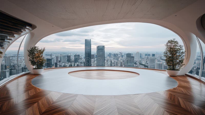 Circular Room Offers a Panoramic View of a Vibrant City Skyline. Stock ...