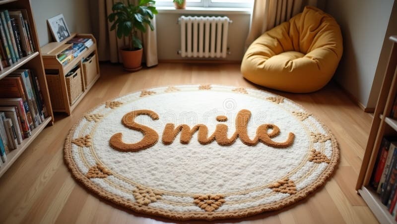 Circular Rug with Smile Cursive Text in Cozy Reading Nook Stock ...