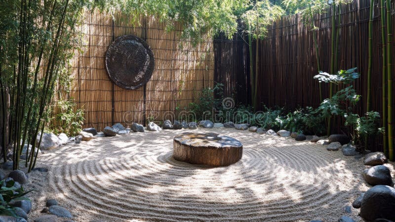 Circular Sand Zen Garden with Bamboo Fence Stock Illustration ...