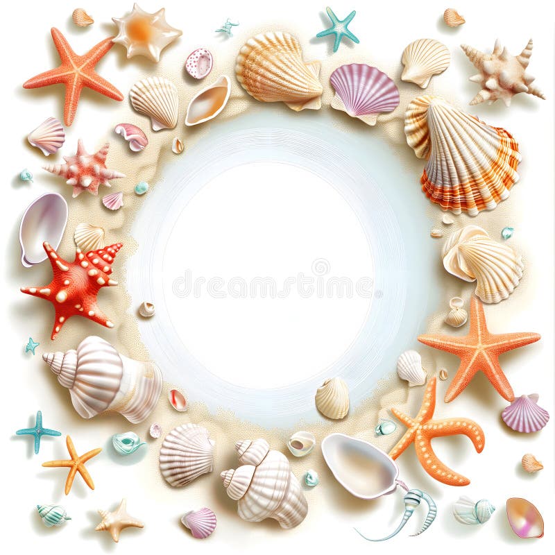 Circular Saturated Colors Frame of Shells and Starfish on a White ...
