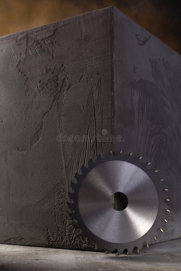 Circular Saw Blade Near Concrete Cube at Abstract Cement Background ...