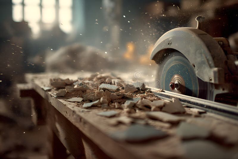 Circular Saw Cutting Tiles Creating Dust and Debris in Workshop Stock ...