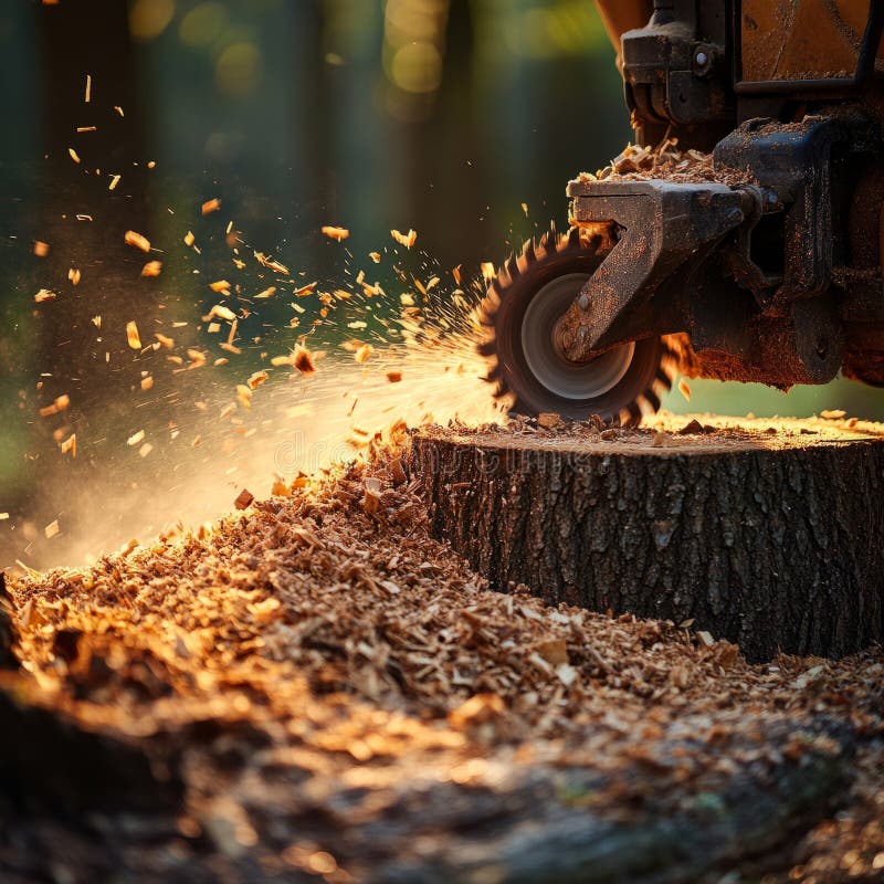 Circular Saw Cutting through Tree Stump in Sunlit Forest. Stock Image ...