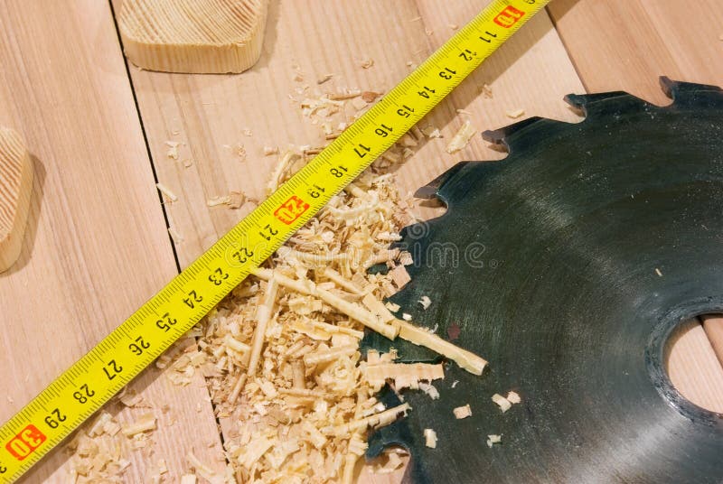 Circular Saw, Measure Tape in Carpenter Workshop Stock Photo - Image of ...