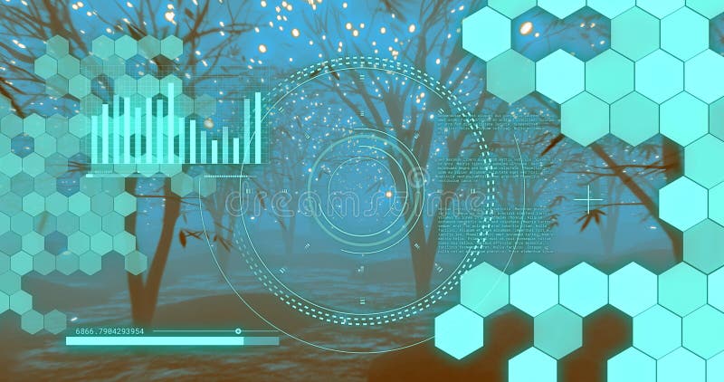 Circular Scanner and Data Processing Over Lights and Tree Lined Path at Night Stock Illustration ...