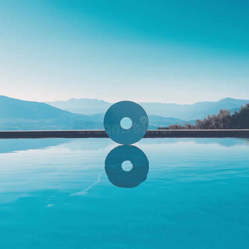 Circular Sculpture by a Pool with Mountain Backdrop Reflecting ...
