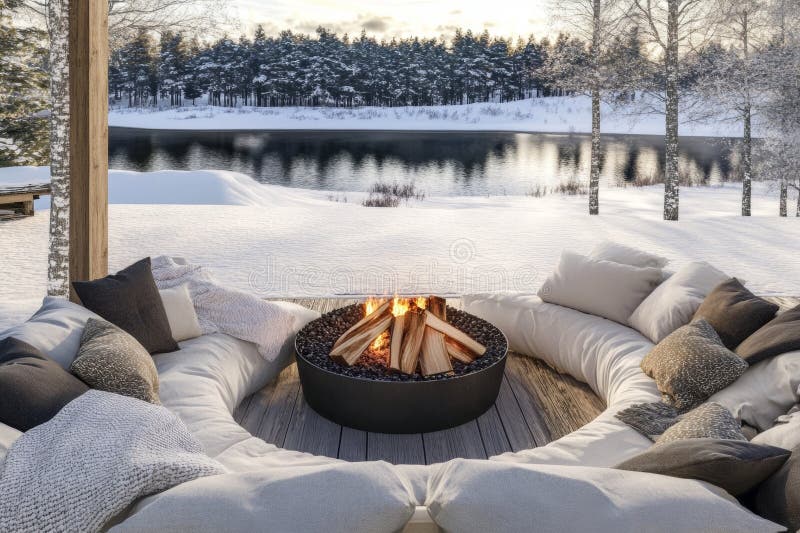 Cozy Outdoor Seating Area with Fire Pit by Snowy Lake at Twilight in ...