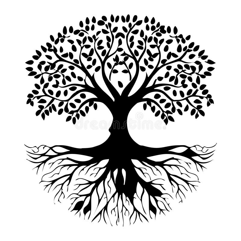 Circular Shape Black Tree with Roots and Leaves Isolated on White ...