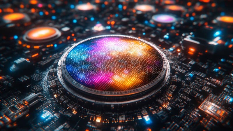 Circular Silicon Wafer with Colorful Reflective Patterns on a High Tech ...