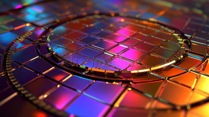 Circular Silicon Wafer with Geometric Grid Patterns and Glowing Accents ...