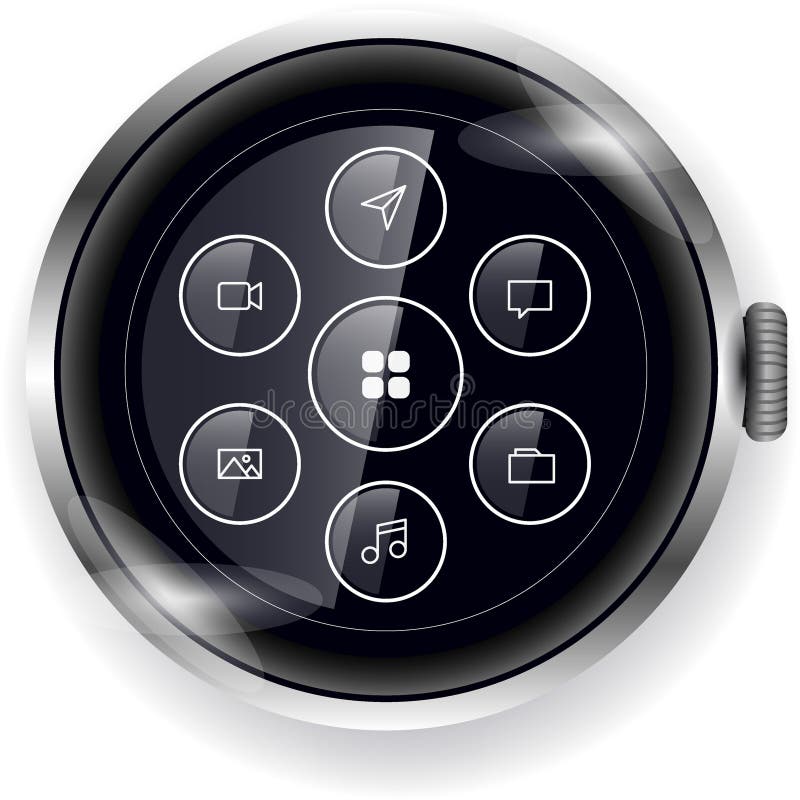 Circular Smartwatch Apps Library Interface with Minimalist Icon Layout ...