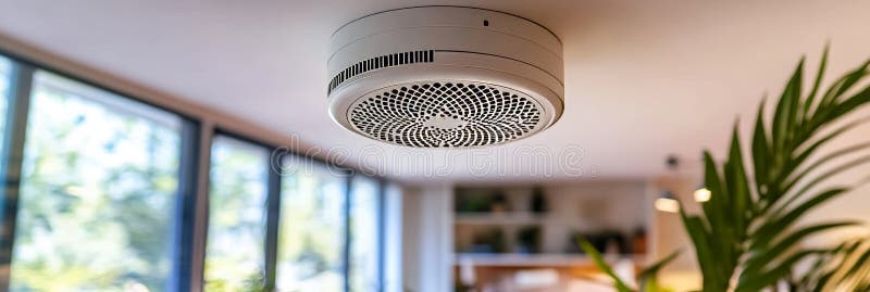 Circular Smoke Alarm on a White Ceiling, Ensuring Safety in a Modern ...