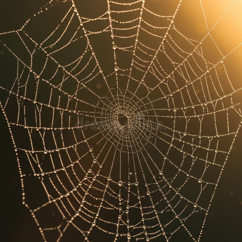 Circular Spider Web Adorned with Dewdrops, Capturing Light in a Golden ...