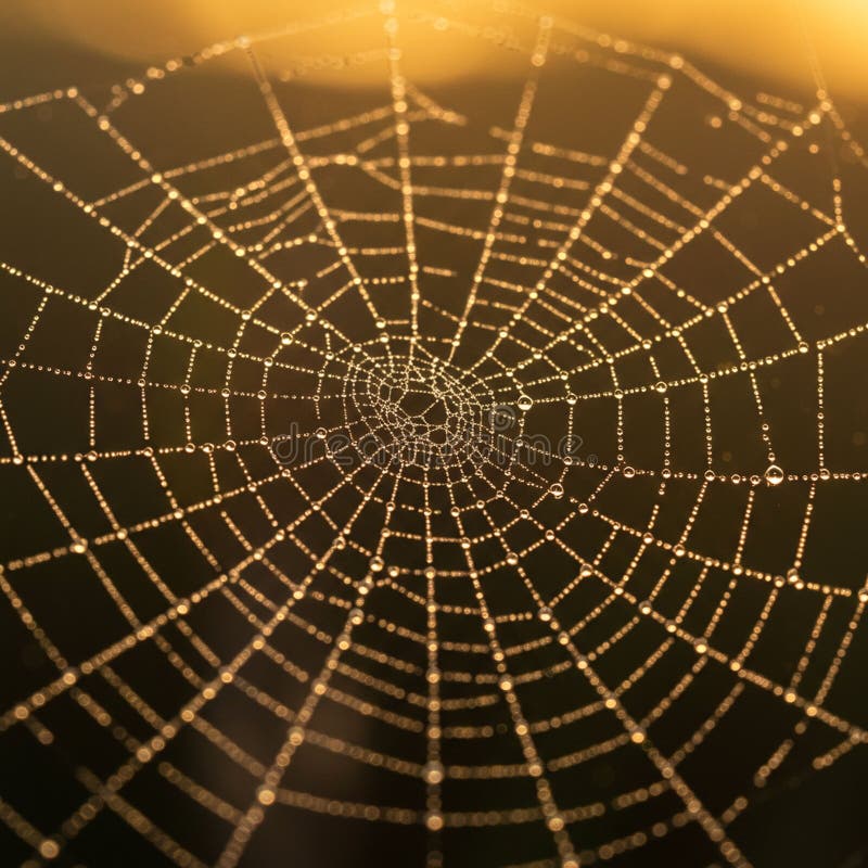 Circular Spider Web Glistens with Dew Droplets, Backlit by Warm ...