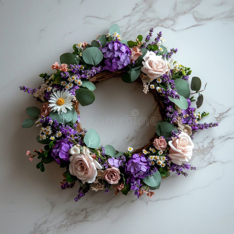 Circular Spring Wreath Crafted from Fresh Lavender Eucalyptus Leaves ...