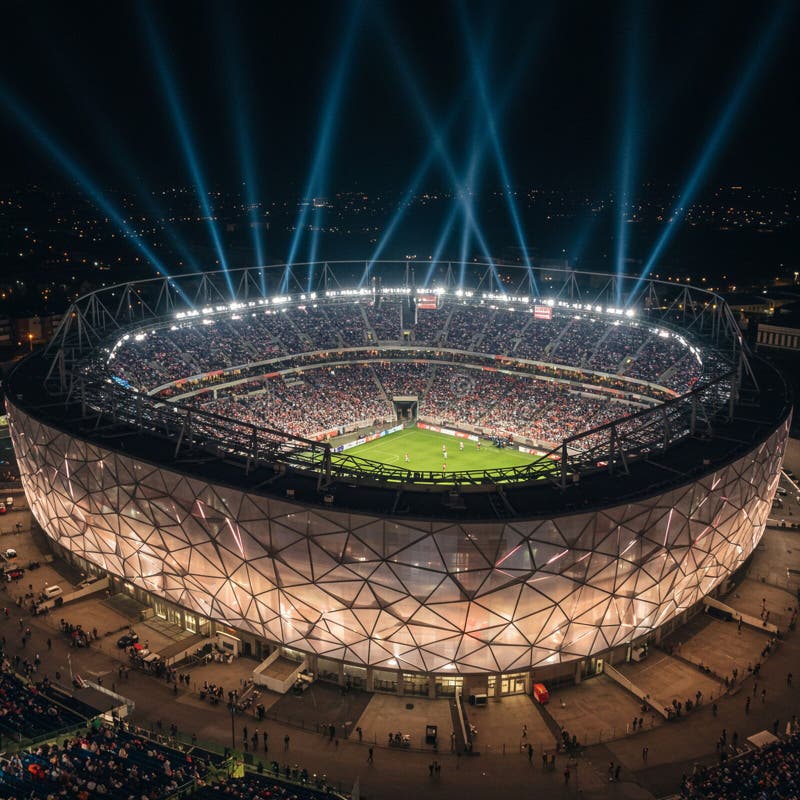 Circular Stadium Illuminated at Night, Bustling with Spectators. the ...