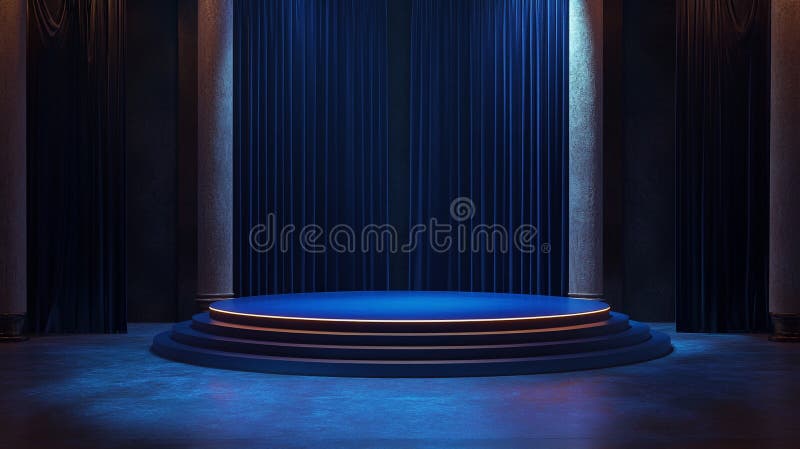 Stage Set with Blue Curtains and Circular Platform in a Performance ...