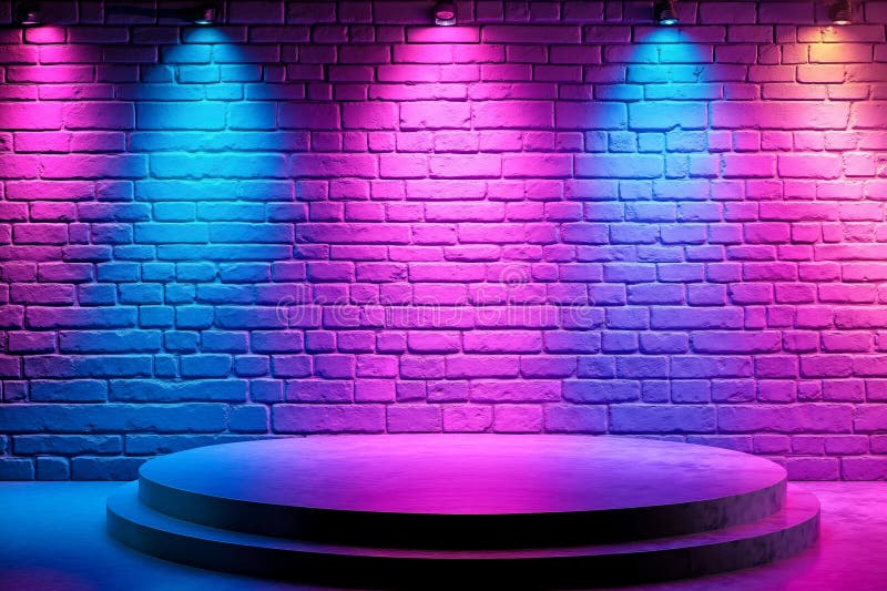 A Stage Set Up in Front of a Brick Wall with Purple and Blue Lights ...