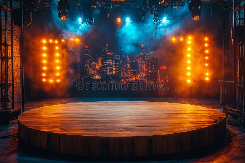 Circular Stage with Bright Lights and Urban Skyline Backdrop Stock ...