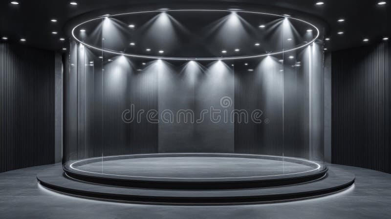 Circular Stage with Glass Enclosure and Dramatic Lighting Stock ...