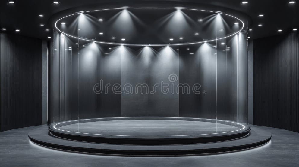 Circular Stage with Glass Enclosure and Dramatic Lighting Stock ...
