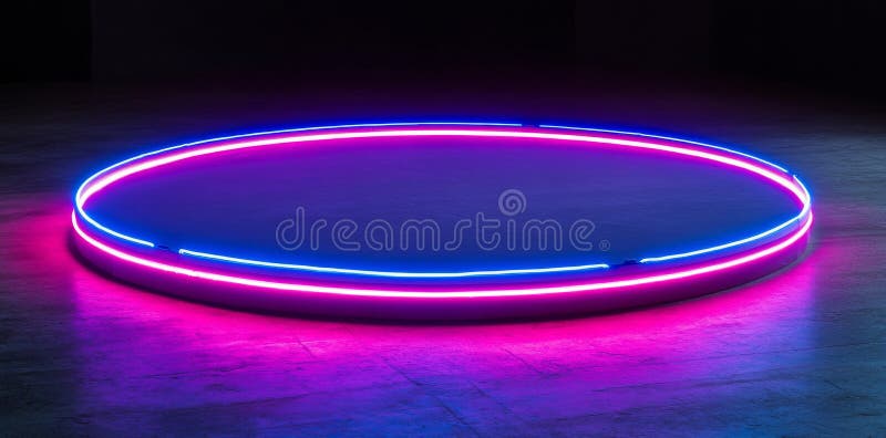 A Circular Stage Illuminated by Neon Lights Set Against a Dark Backdrop ...