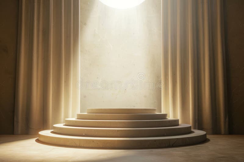 Sunlit Circular Stage with Dramatic Curtains and Soft Light Creating a ...