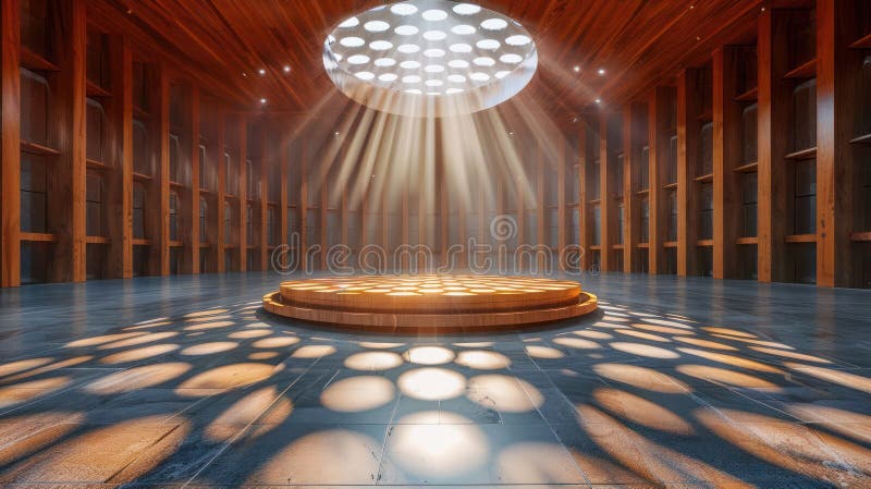 A Circular Stage with Light Beams and Wooden Walls Stock Illustration ...