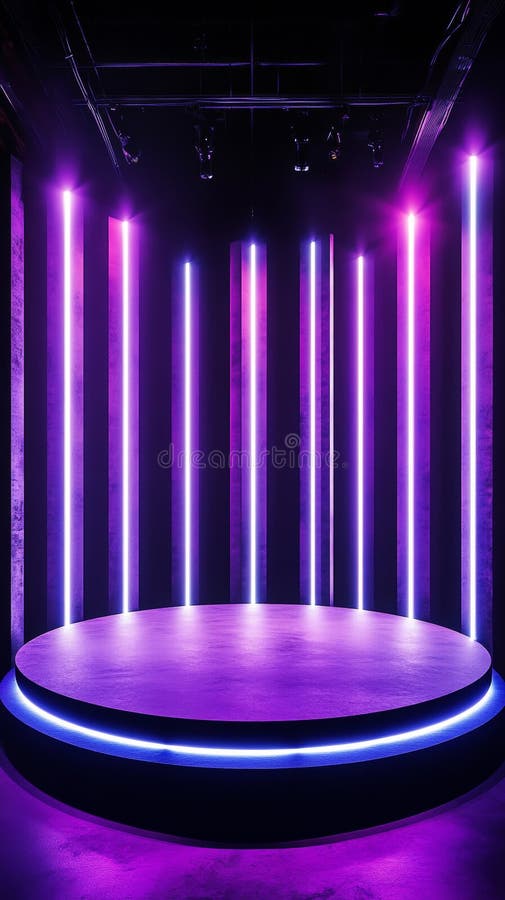 Circular Stage with Neon Purple Lights in a Dark Room Stock Image ...