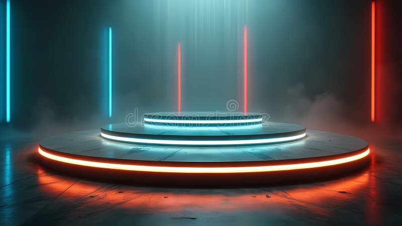 Circular Stage with Reflective Neon Lights & Gradient Effects Stock ...