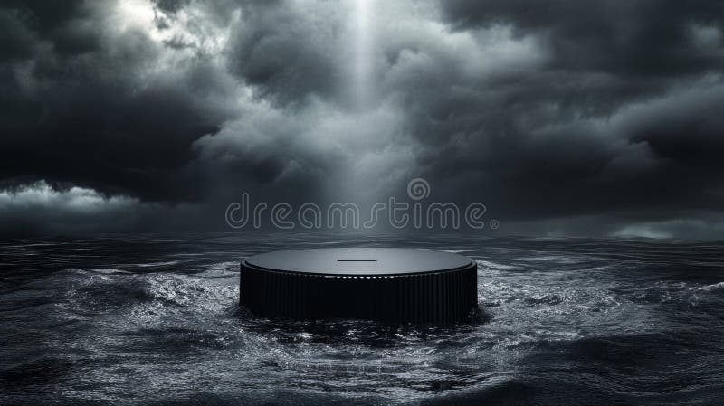 A Circular Stage with a Spotlight Rises from Dark, Reflective Water for ...