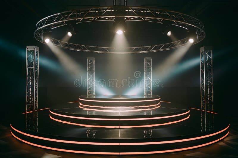 Circular Stage with Spotlights and Reflective Surface Futuristic Event ...