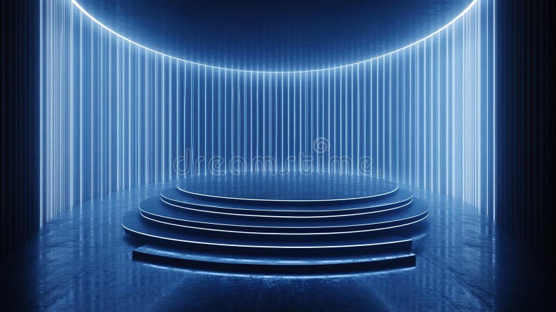 A Circular Stage with Three Steps Illuminated by Blue Neon Lights in a ...
