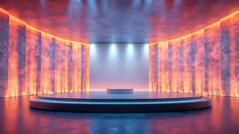 Circular Stage with White Platform Illuminated by Spotlights in Dark ...