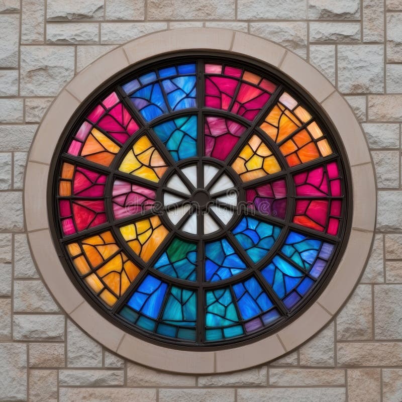 Circular Stained Glass Window in a Stone Building Stock Illustration ...