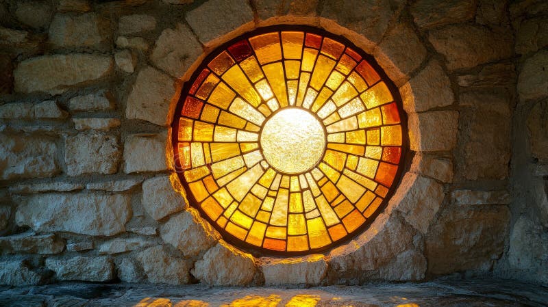 Circular Stained Glass Window in Stone Wall Stock Photo - Image of ...
