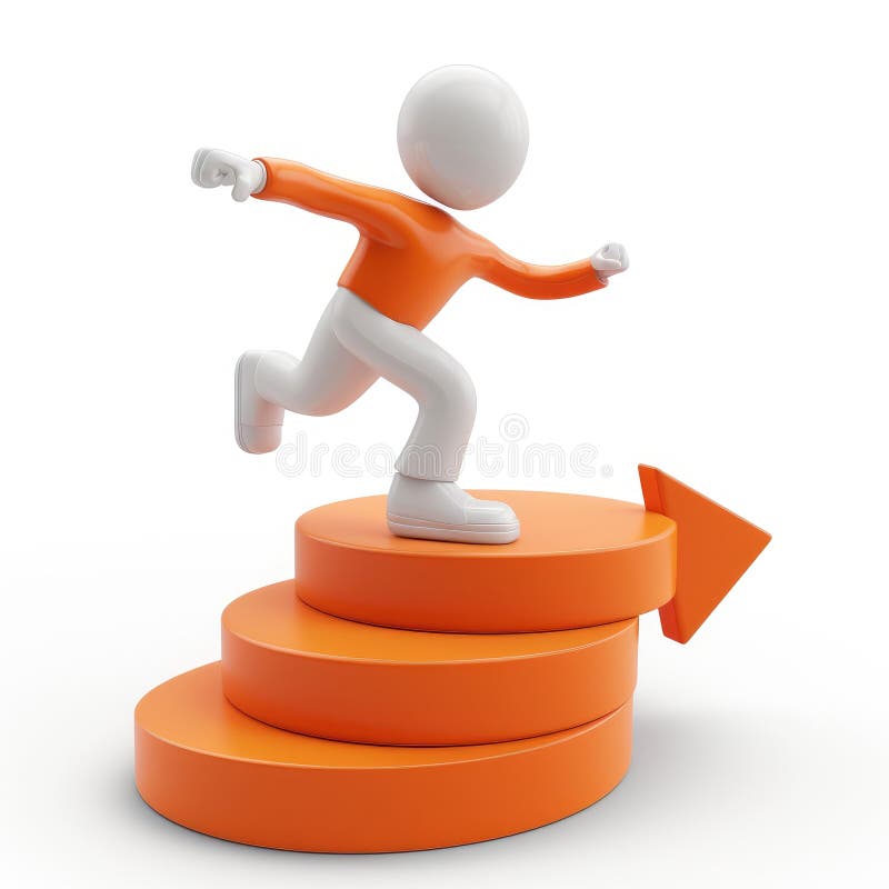 3D Render of a White Figure Running Upwards on Spiral Orange Stairs ...