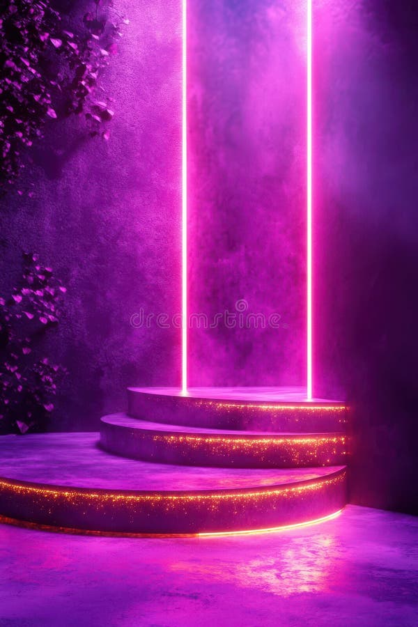 Circular Steps Neon Lights Purple Background Glowing Stage Stock ...