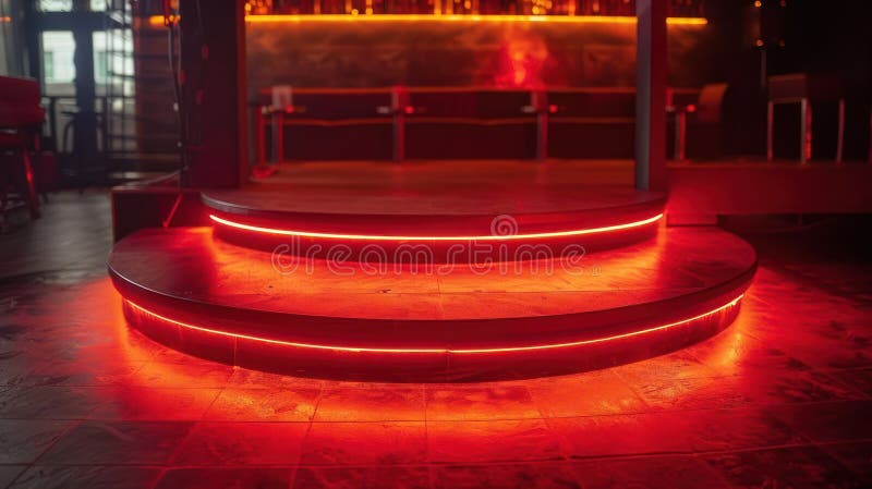 Circular Steps with Red Neon Lights in a Dark Bar Stock Illustration ...