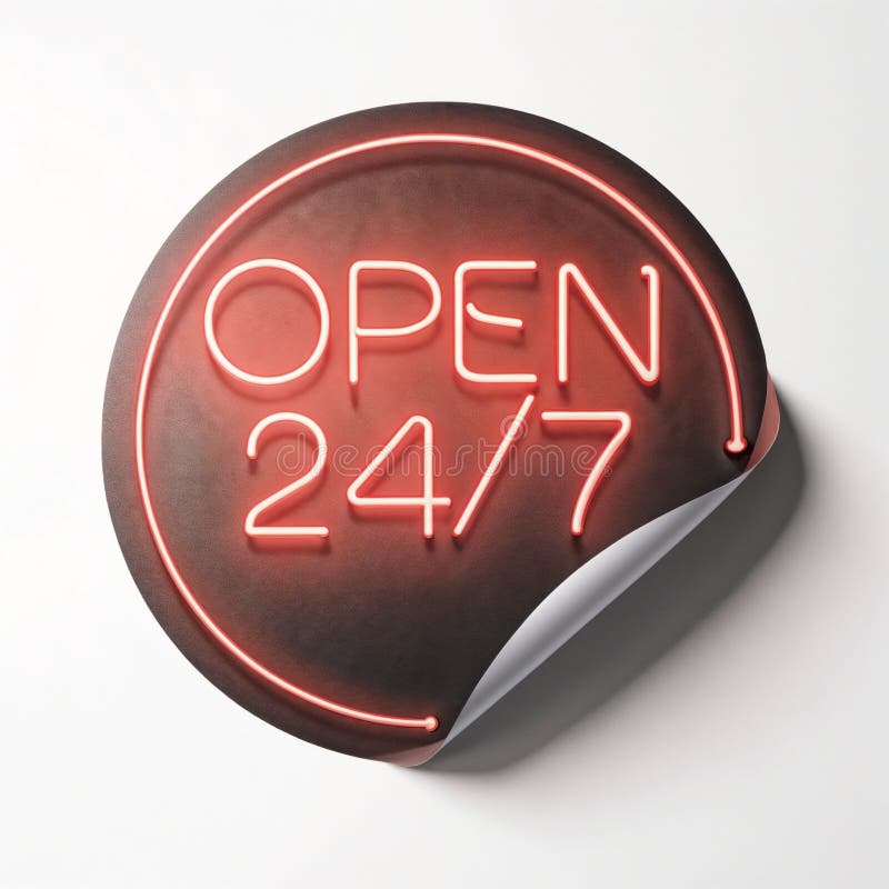 Circular Sticker Design with Neon Open 24 or 7 Text and Peeled Corner ...