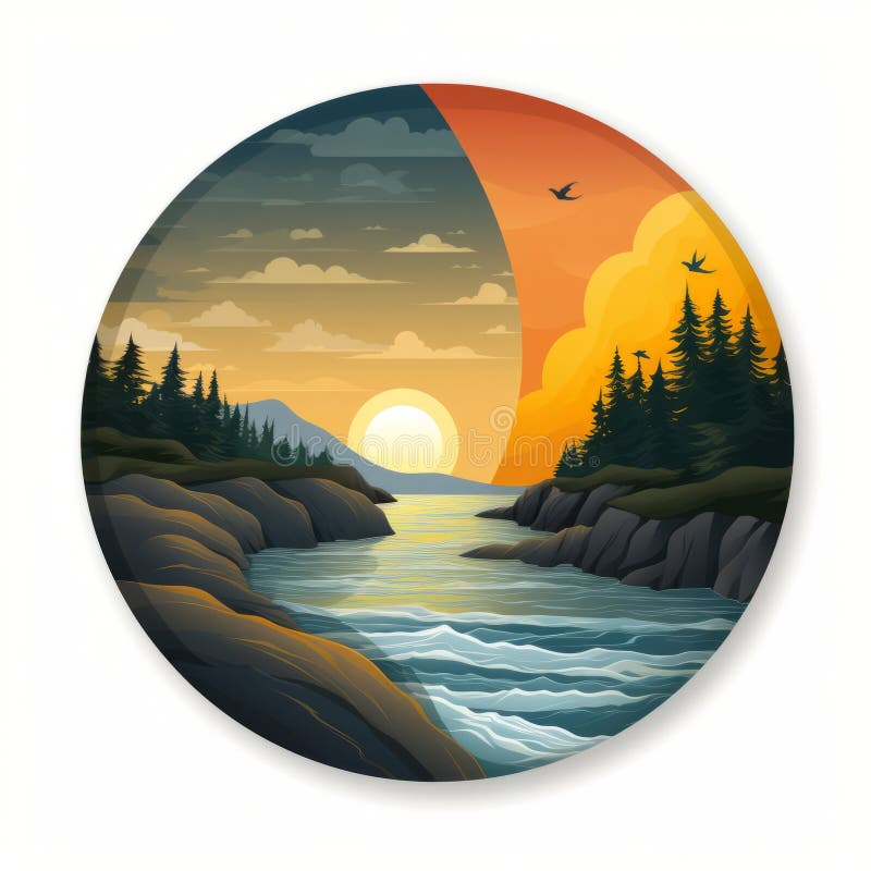 A Circular Sticker with an Image of a River and Trees at Sunset Stock ...