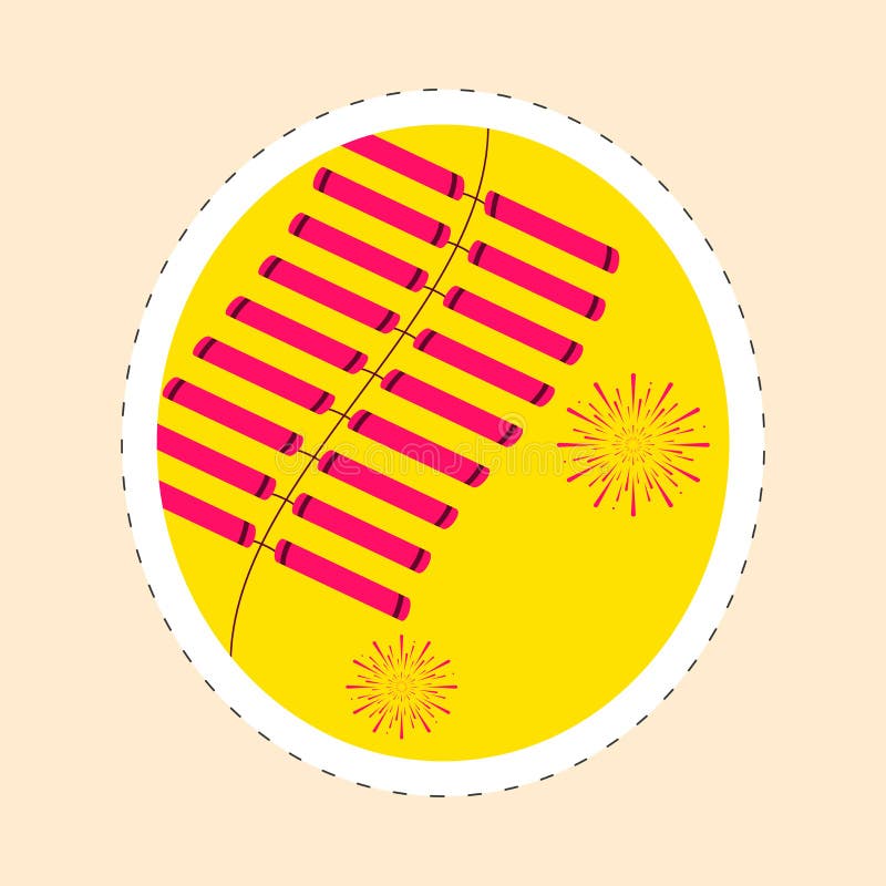Circular Sticker of Red Firecracker Strip with Fireworks Against Yellow ...