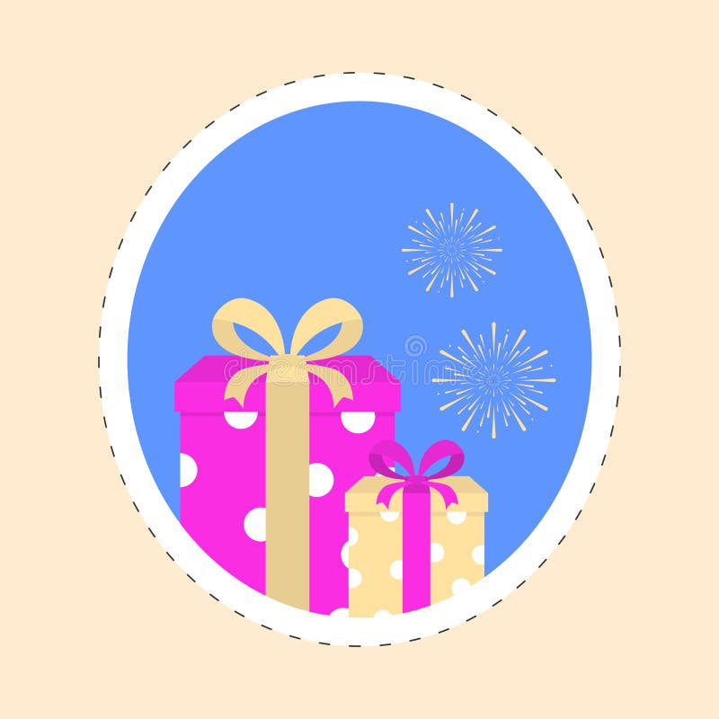 Circular Sticker of Two Gift Box with Fireworks Sky Blue Stock ...