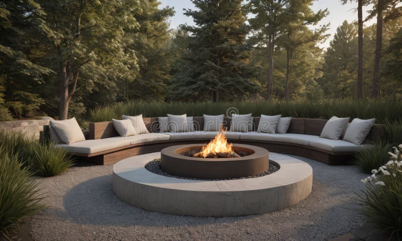 Circular Stone Fire Pit with Fire Burning at Its Center is Surrounded ...