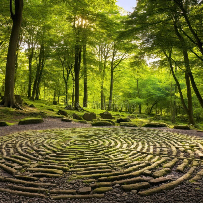 A Circular Stone Labyrinth in a Forest Stock Illustration ...